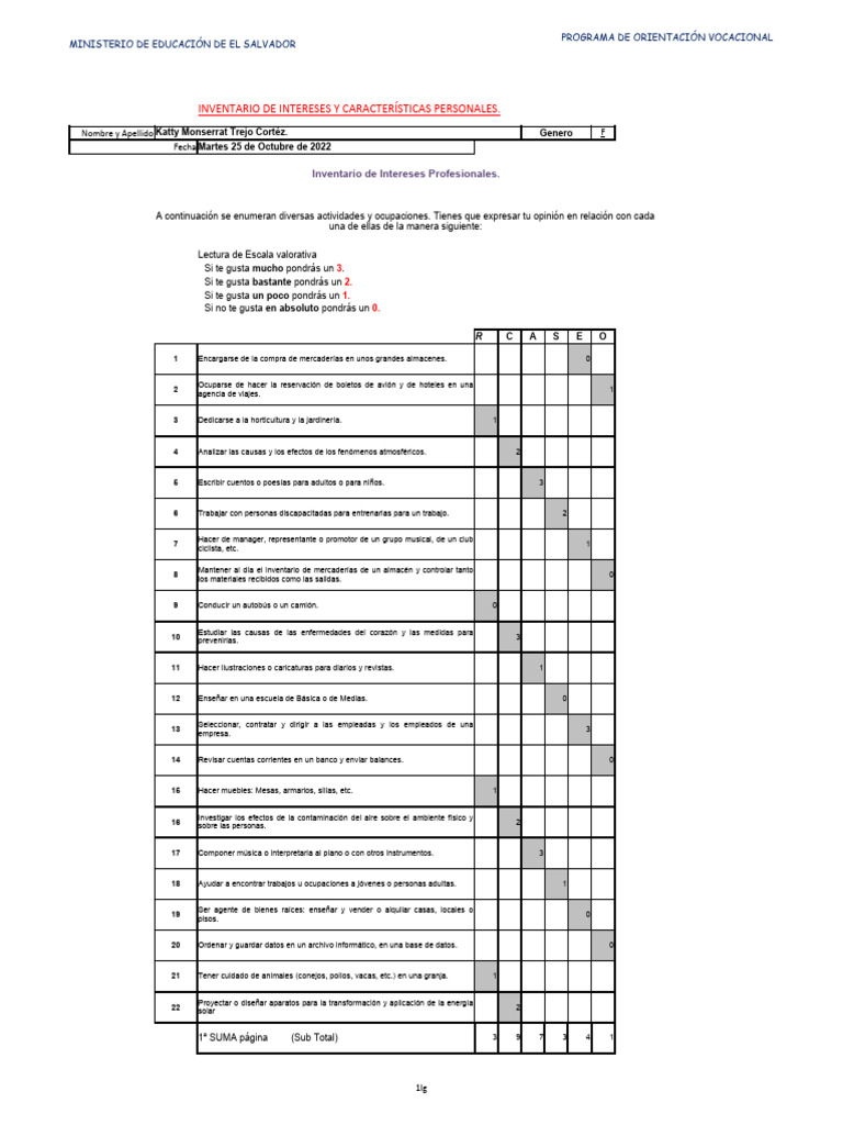 Test Holland Interes Vocacionales POPA - Santa Ana | PDF