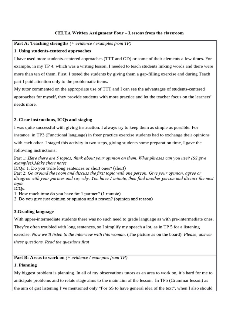 CELTA Written Assignment Four - Lessons From The Classroom | Download ...
