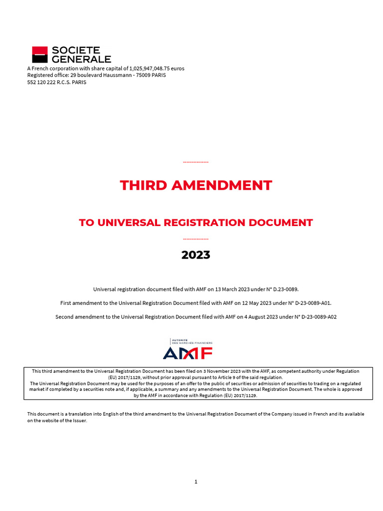 Societe Generale URD 3rd Amendment 03 11 2023 | PDF | Cost Of Living | Income