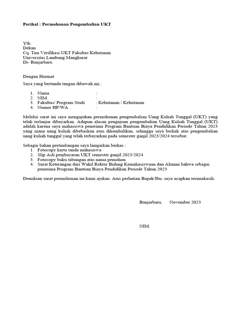 Surat Permohonan Pengembalian UKT - KIP SKEMA 2 | PDF