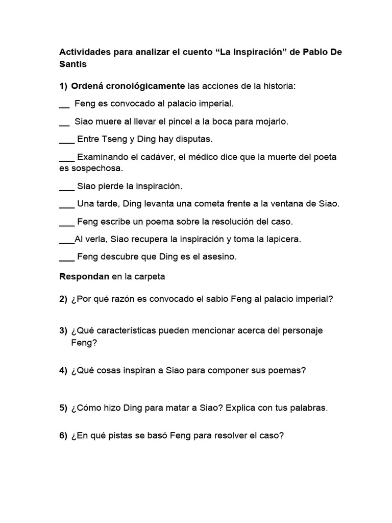 Actividades. Cuento La Inspiración | PDF