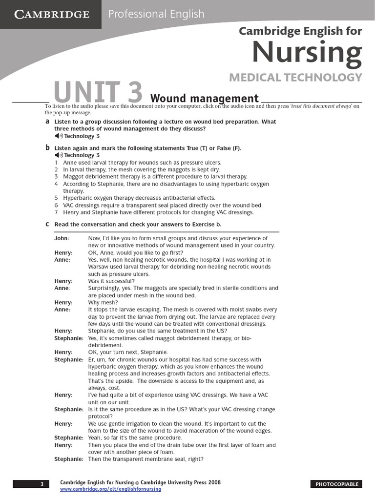 Cambridge English For Nursing Medical Technology Intermediate Unit3 Worksheet - 2 | PDF | Wound ...