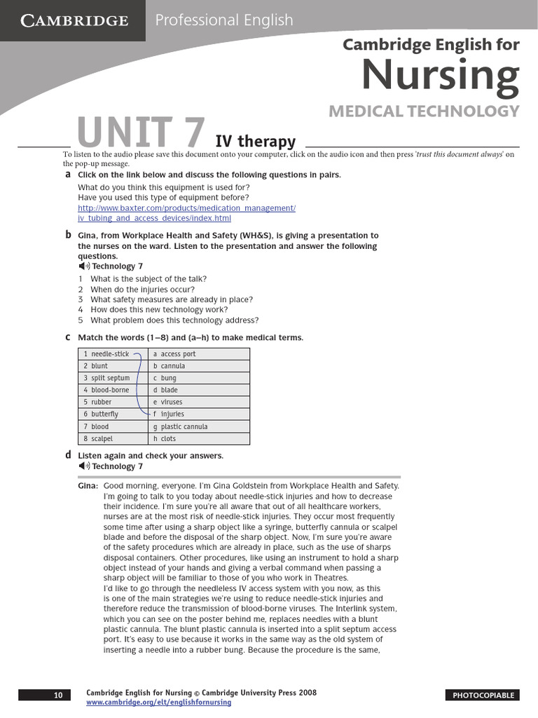 Cambridge English For Nursing Medical Technology Intermediate Unit7 ...