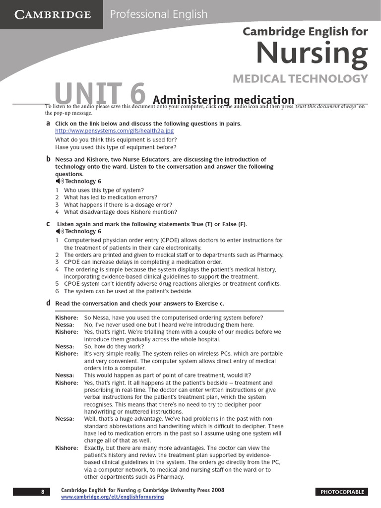 Cambridge English For Nursing Medical Technology Intermediate Unit6 Worksheet | PDF | Nursing ...