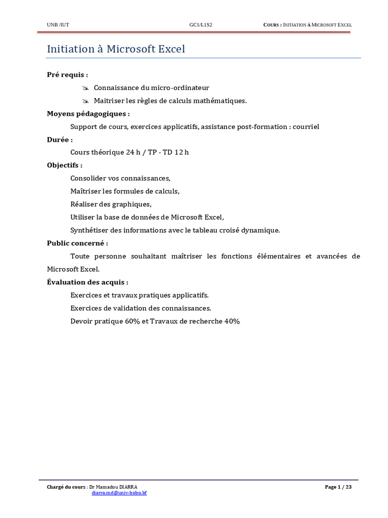Ms Excel Cours L1 | PDF | Microsoft Excel | Feuille de calcul