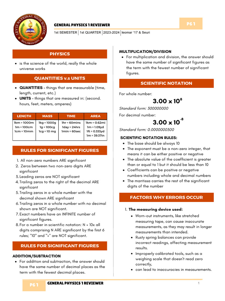 General Physics 1 Reviewer Pdf Observational Error Velocity