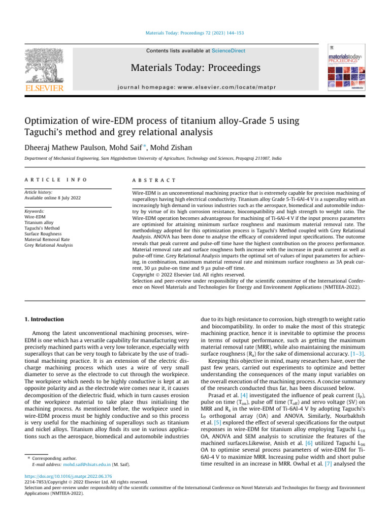 Optimization of wire-EDM Process of Titanium Alloy-Grade 5 Using ... Optimization of wire-EDM Process of Titanium Alloy-Grade 5 Using ...