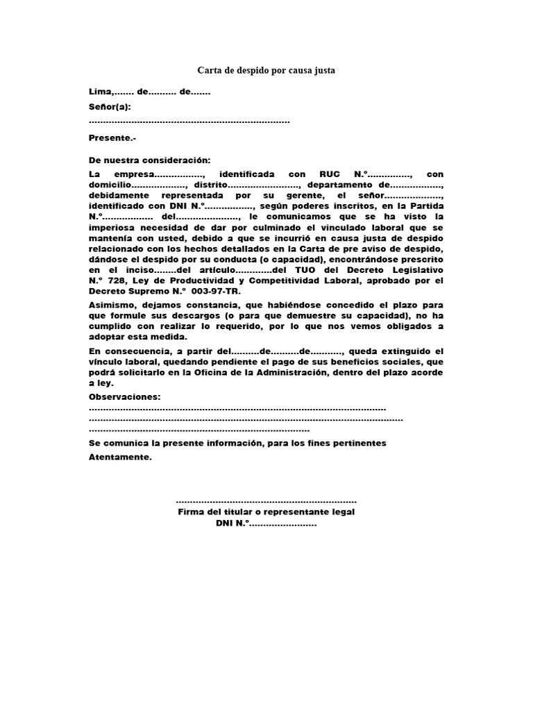 Carta de Despido Por Causa Justa | PDF