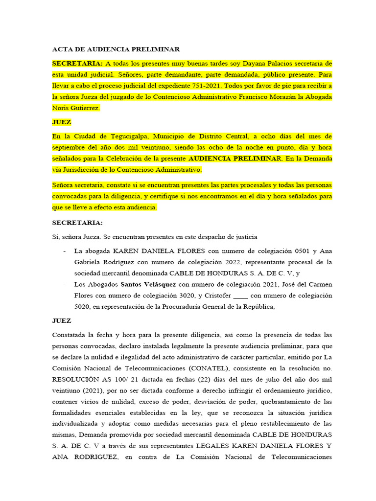 Acta de Audiencia Preliminar | PDF | Demanda judicial | Honduras