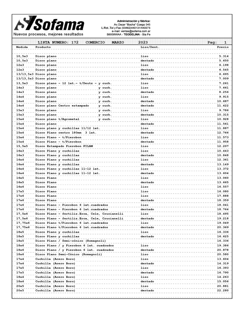 Comercio - Sofama S.A. - Lista Precios N°172 - Marzo 23 | PDF | Acero | Rieles