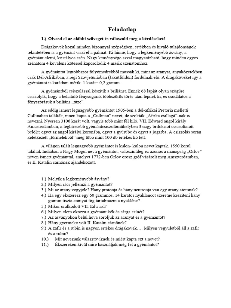 Drágakövek Feladatlap | PDF