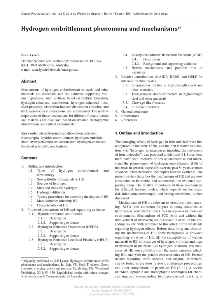 Mechanisms of Hydrogen Embrittlement | PDF | Hydrogen | Secondary ...