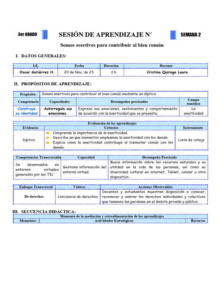 3° - Sesión - de - Aprendizaje 04-Sem.2-Exp.8-Dpcc | Descargar gratis PDF | Aprendizaje | Evaluación