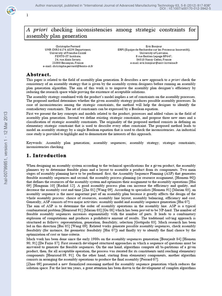 A Priori Checking Inconsistencies Among Strategic Constraints For Assembly Plan Generation | PDF ...