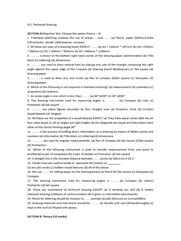 Ss 1 Technical Drawing Exam | PDF | Angle | Technical Drawing