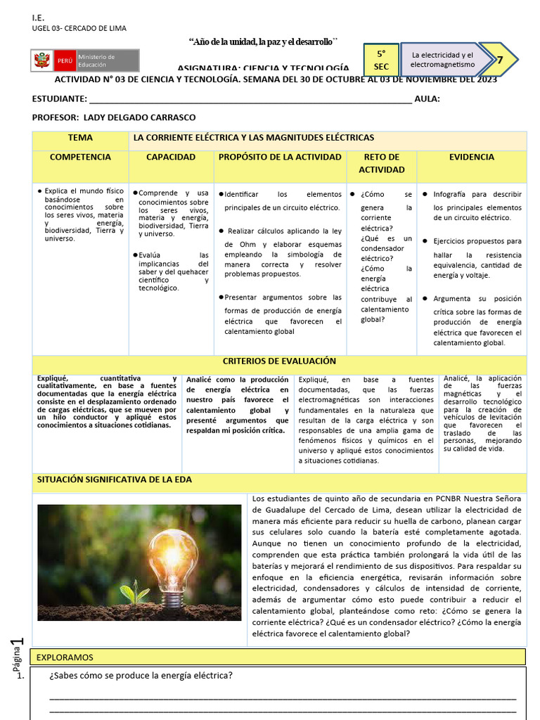 5° SEC. EDA 7 SEMANA 3 CYT Explica 2023 La Corriente Eléctrica y Las Magnitudes Eléctricas | PDF ...