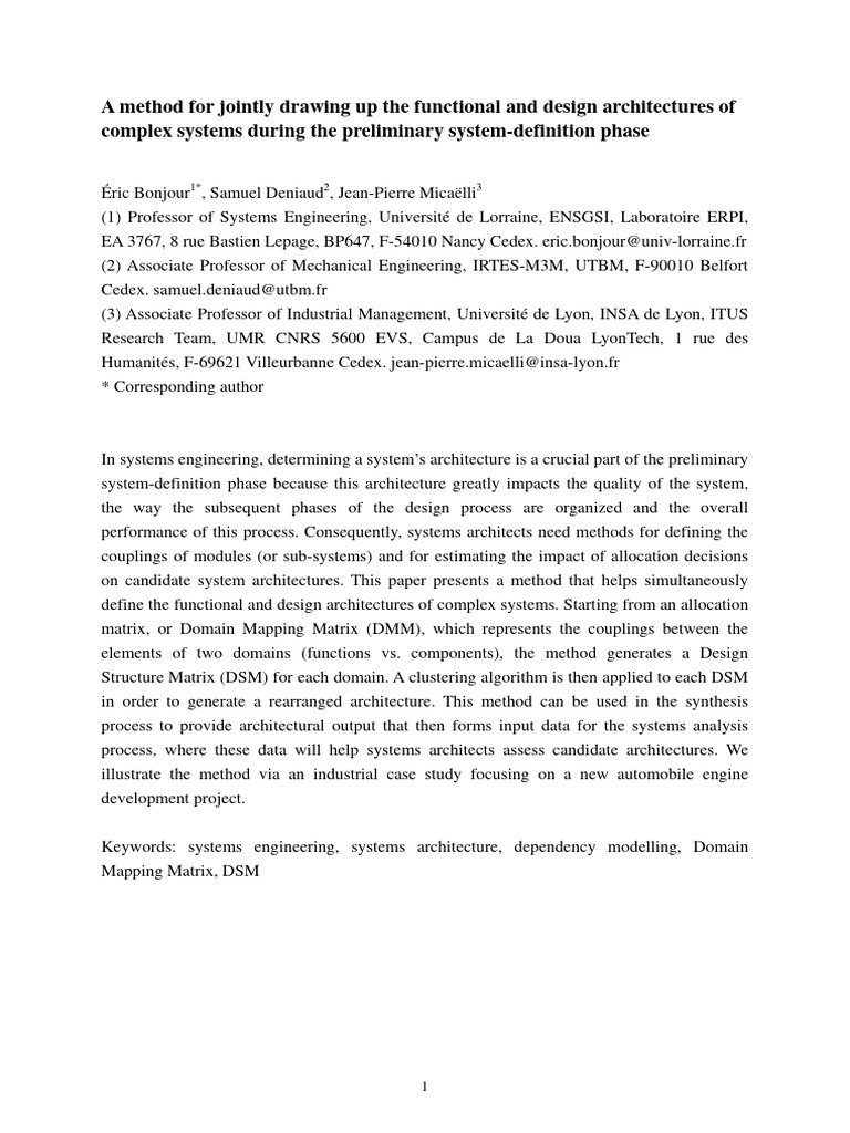 A Method For Jointly Drawing Up The Functional and Design Architectures of Complex Systems ...