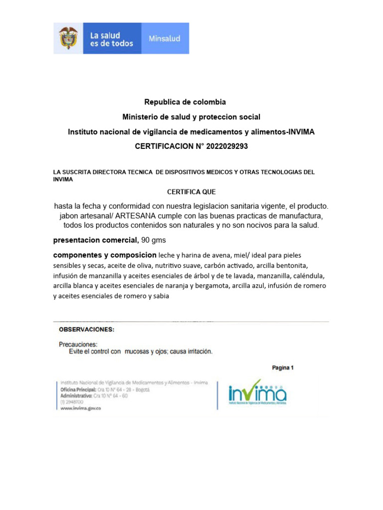 Certificado Invima | PDF