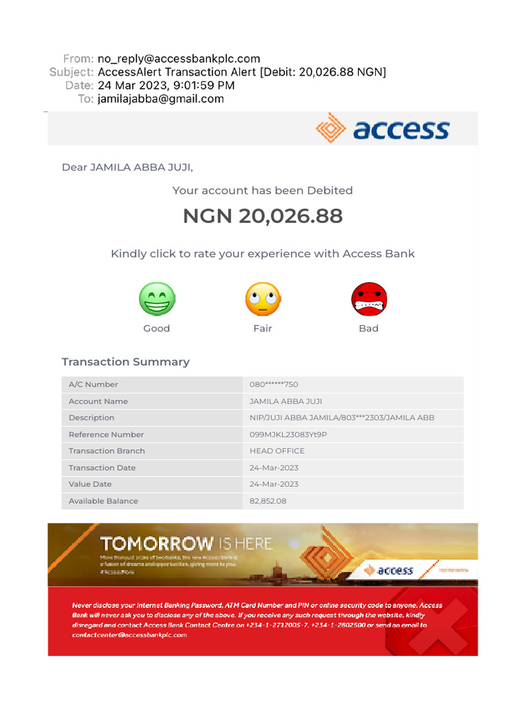 AccessAlert Transaction Alert (Debit 20,026.88 NGN) | PDF