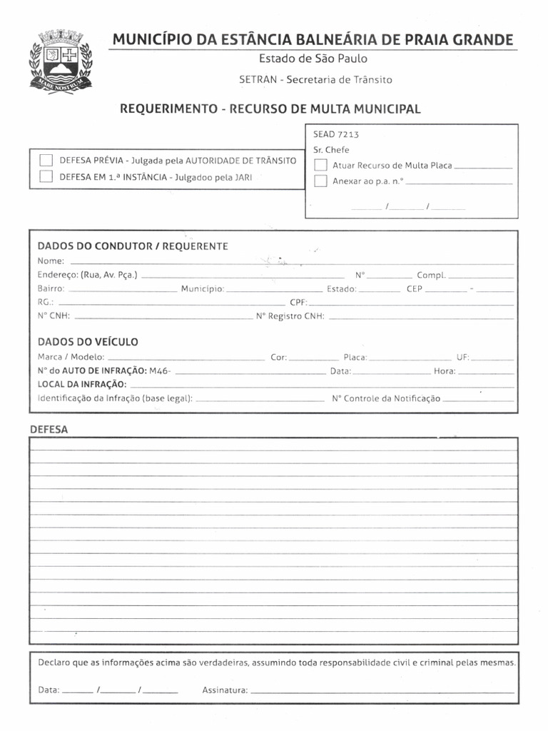 Setran - Requerimento Recurso Multa 1a Instancia | PDF
