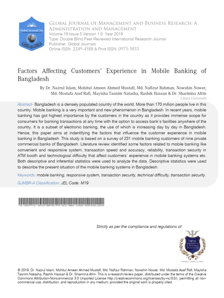 Factors Affecting Customers' Experience in Mobile Banking of Bangladesh | PDF | Statistics ...