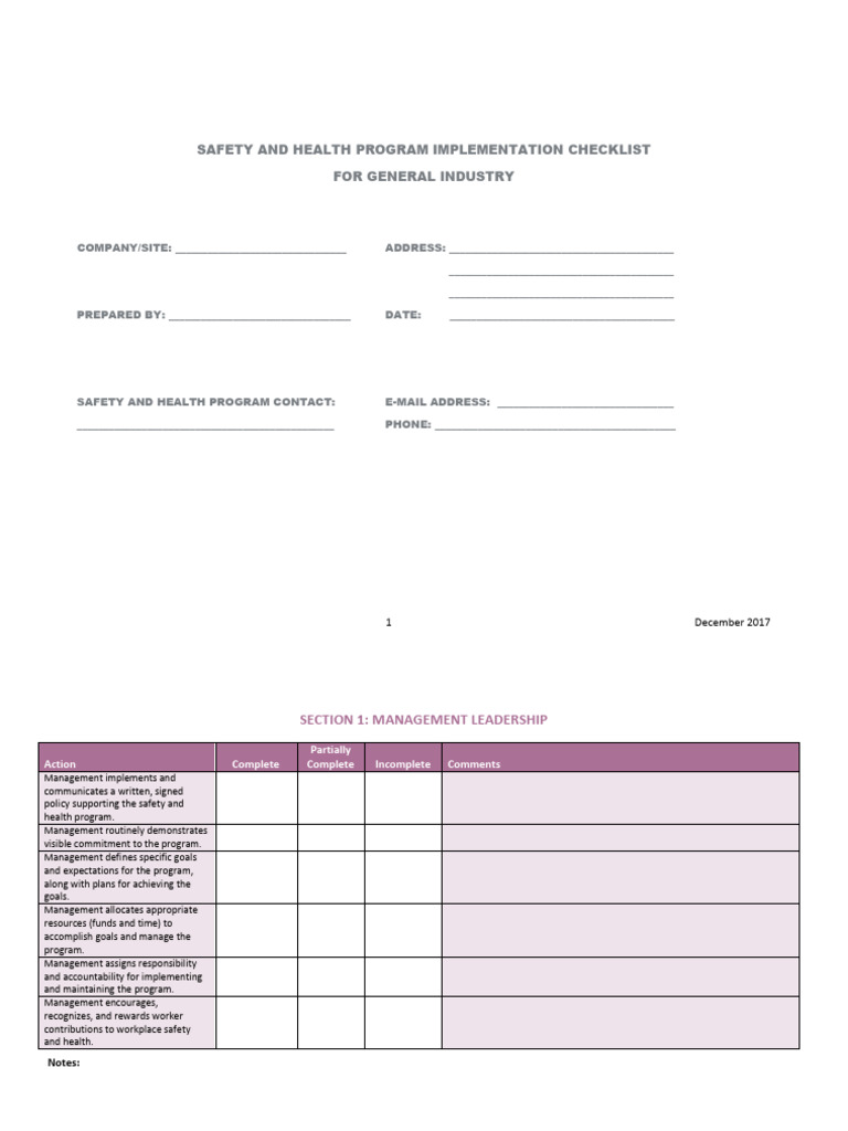 SHP Implementation Checklist | PDF | Employment | Occupational Safety ...