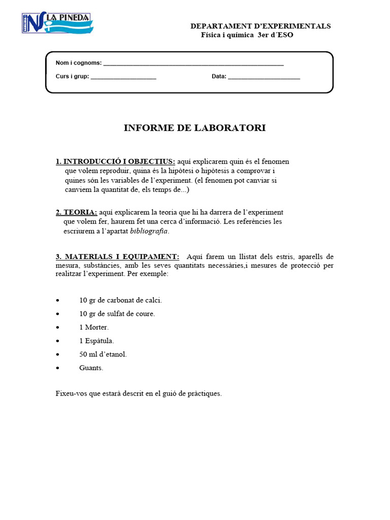 Plantilla Informe de Laboratori FiQ 3er ESO | PDF