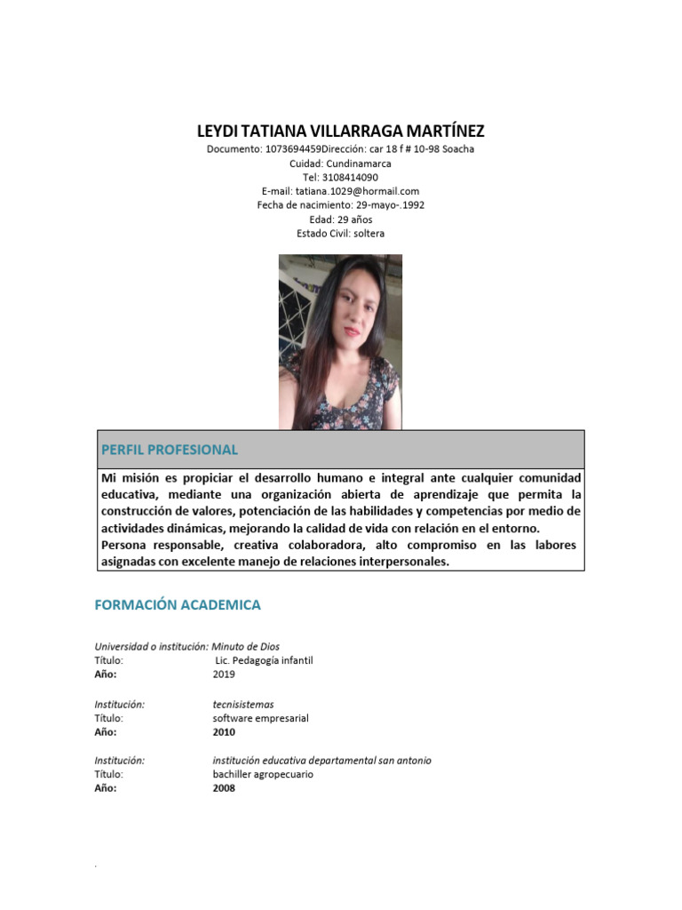 Hoja de Vida Leydi Tatiana Villarraga | PDF | Maestros | Educación de la primera infancia