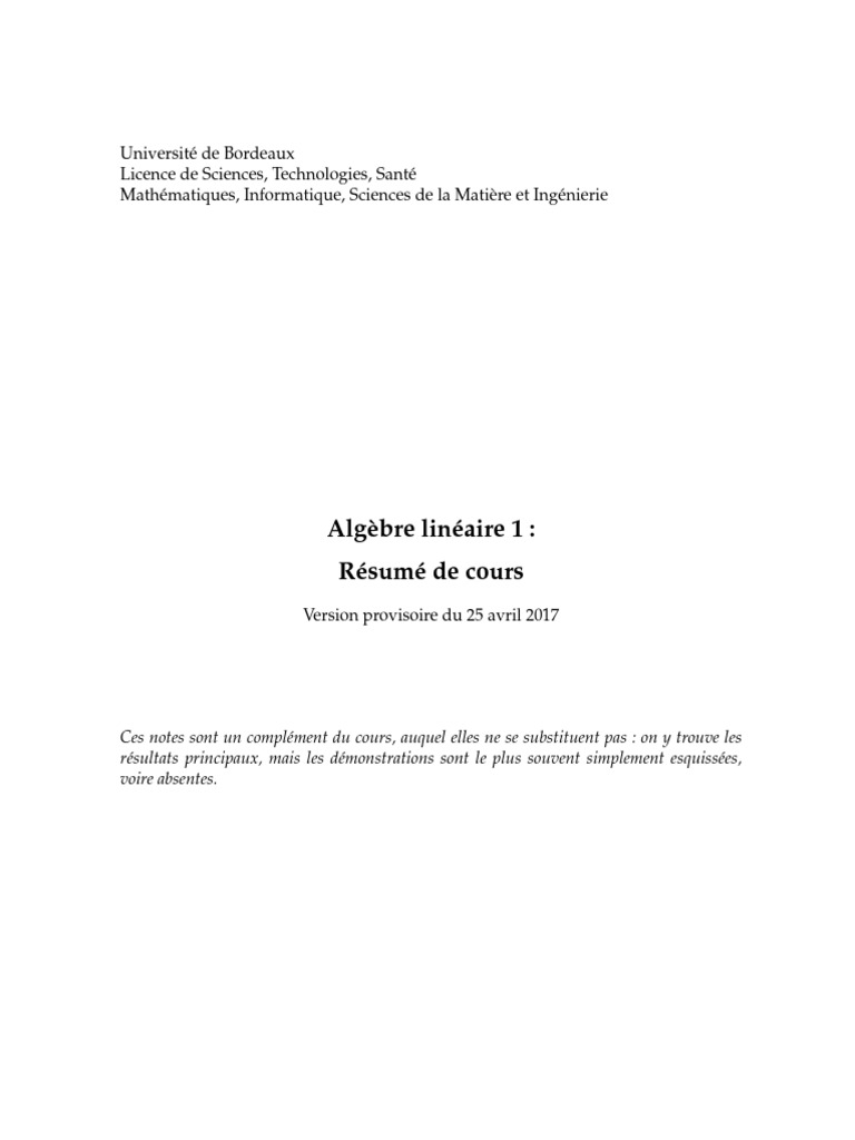 Résumé du cours d'Algèbre Linéaire 1 | PDF | Espace vectoriel | Base ...