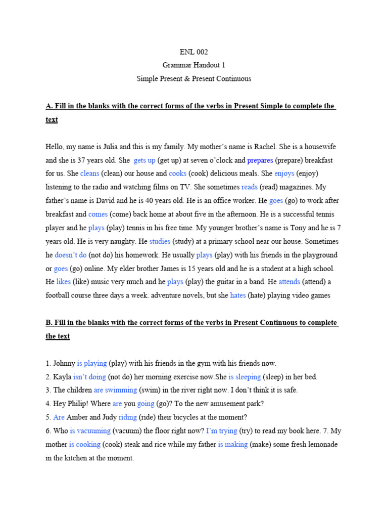 Handout 1 Simple Present & Present Continuous | PDF