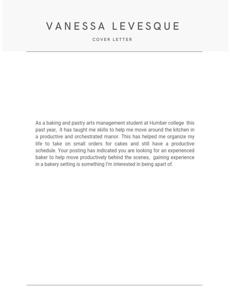 Vanessa Levesque: Cover Letter | PDF | Home | Food And Drink Preparation