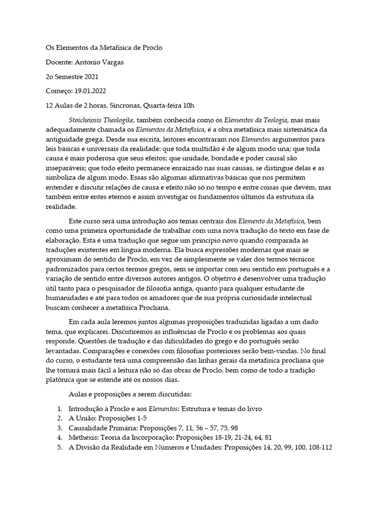 Os Elementos Da Metafsica de Proclo PLano de Ensino | PDF | Metafísica
