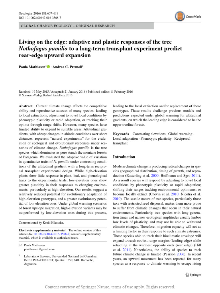Living On The Edge: Adaptive and Plastic Responses of The Tree Rear ...