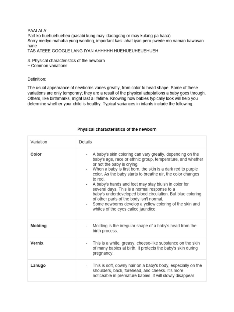 Physical Characteristics of The Newborn | PDF | Infants | Labia