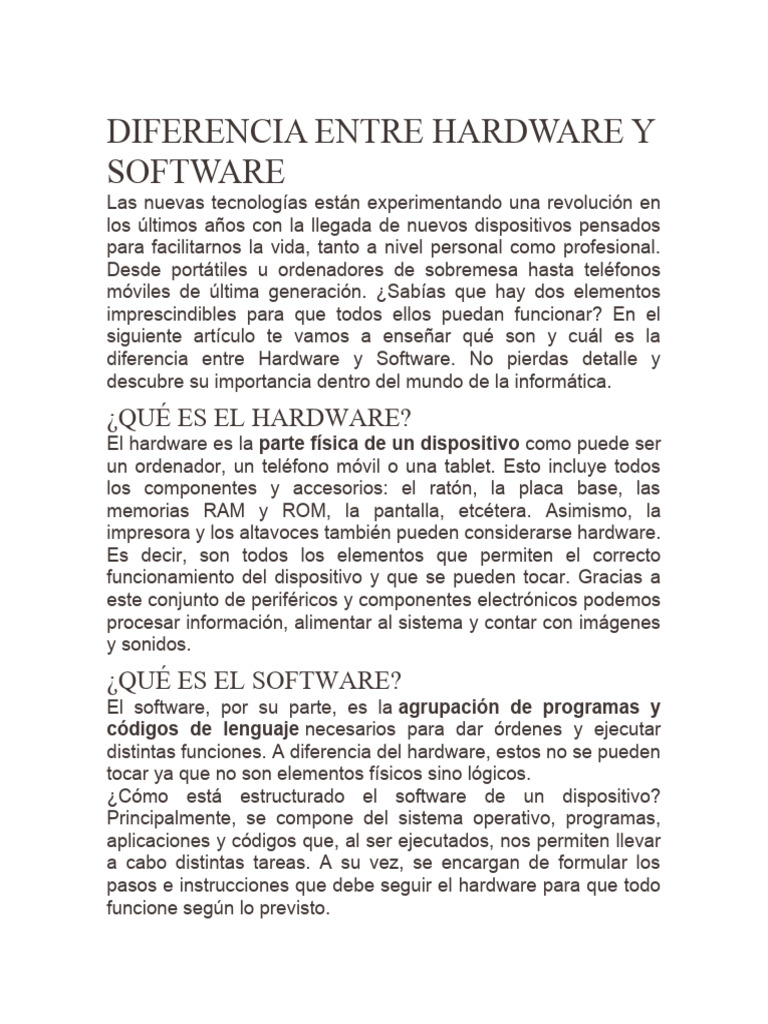 Diferencia Entre Hardware y Software | PDF | Hardware de la computadora ...