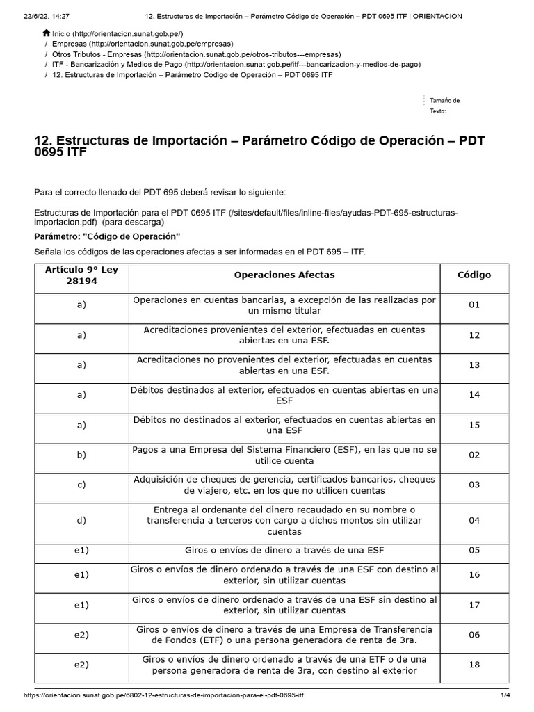 Códigos de Operación ITF para PDT 695 | PDF | Impuestos | Economias
