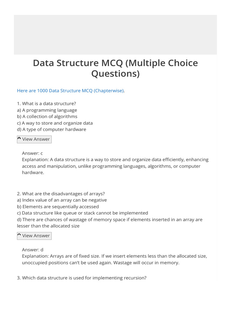 Data Structure MCQ (Multiple Choice Questions) - Sanfoundry | PDF ... Data Structure MCQ (Multiple Choice Questions) - Sanfoundry | PDF ...