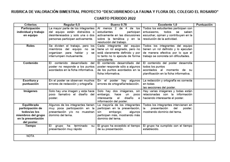 Rubrica Valoración Proyecto Octavo | PDF