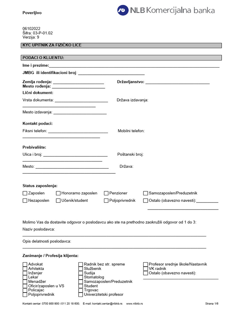 KYC Upitnik Za Fizicko Lice | PDF