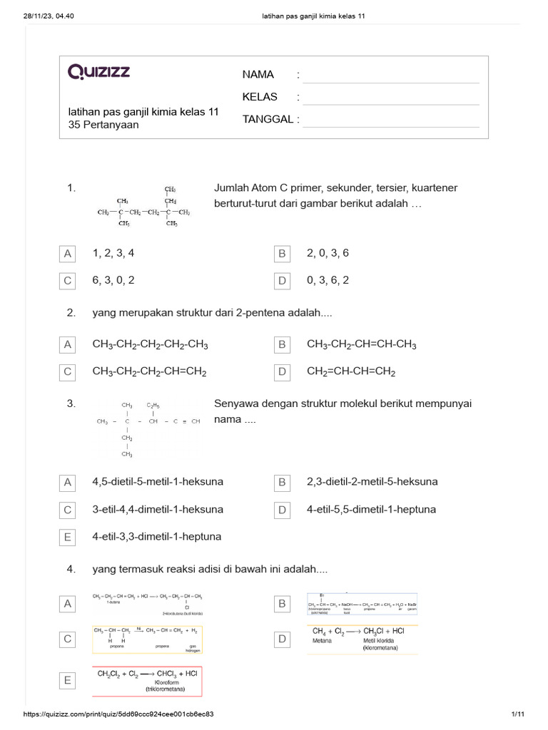 Latihan Pas Ganjil Kimia Kelas 11 | PDF