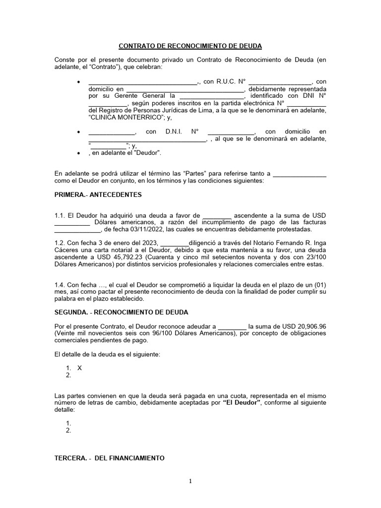 Modelo de Contrato de Reconocimiento de Deuda. | PDF | Pagos | Pagaré