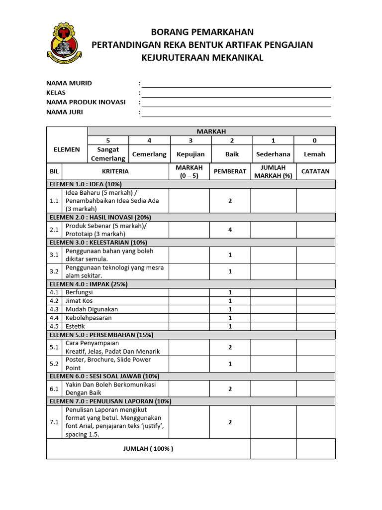 Borang Pemarkahan Pertandingan Reka Cipta | PDF