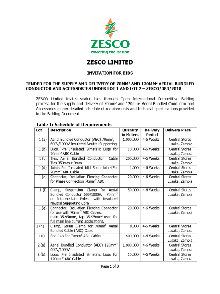 ZESCO Aerial Bundled Conductor Tender 1 | PDF | Banks | Payments