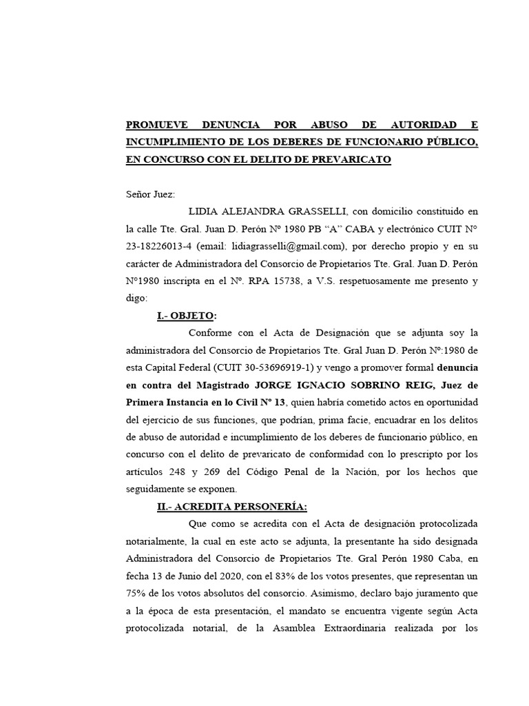 DENUNCIA POR ABUSO DE AUTORIDAD E INCUM DEBERES DE FUNC PUBLICO y ...