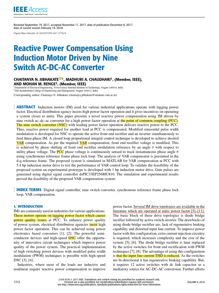 Reactive Power Compensation Using Induction Motor Driven by Nine Switch AC-DC-AC Converter ...