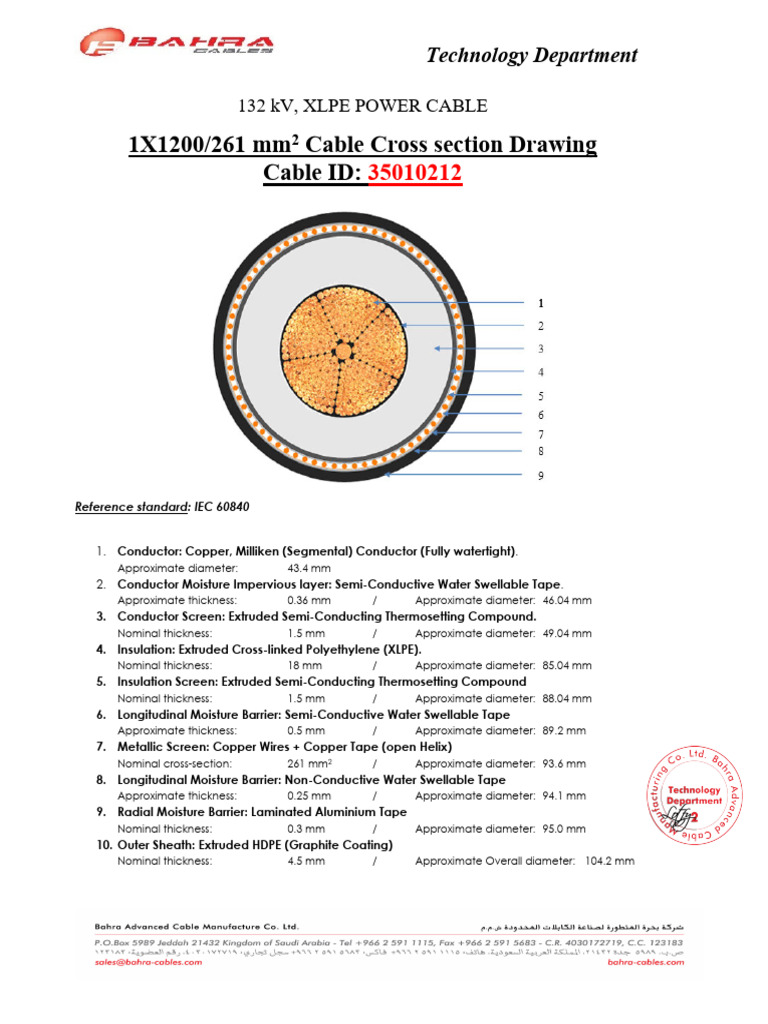 132 KV - Cables Drawing - 1X1200 (261) mm2 (35010212) | PDF