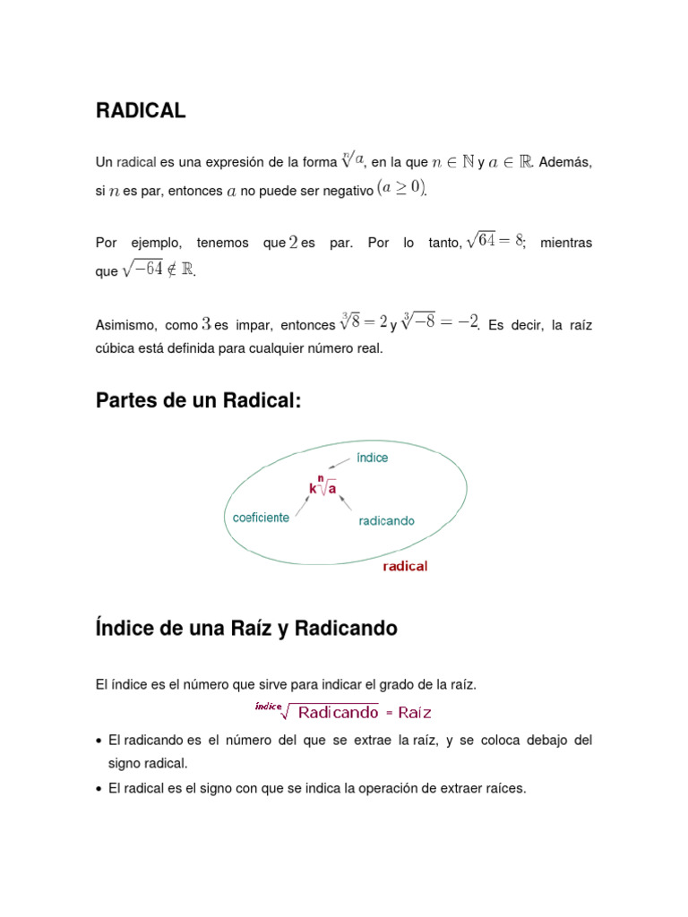 Partes y Operaciones con Radicales | PDF | Exponenciación | Multiplicación