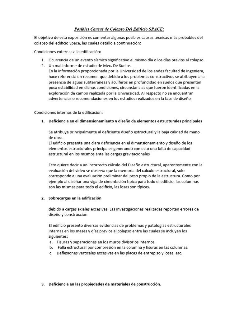 Posibles Causas de Colapso Del Edificio SPACE | PDF | Diseño | edificio