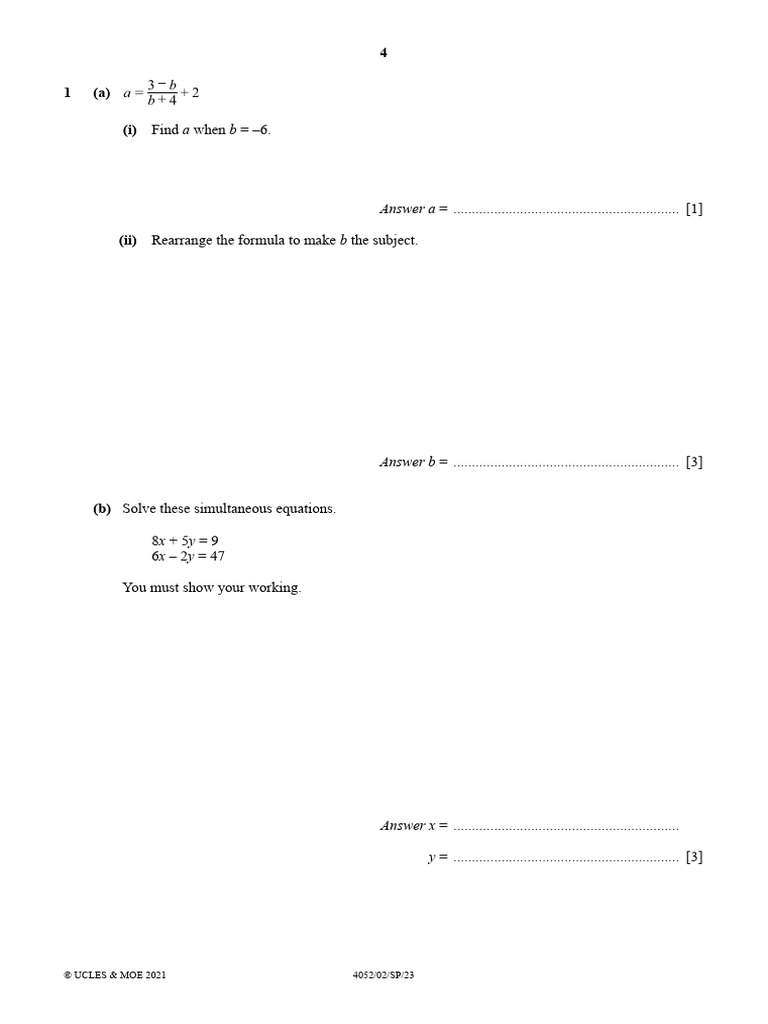 GCE O-Level 4052 Mathematics Specimen Paper 2 For Examination From 2023 ...