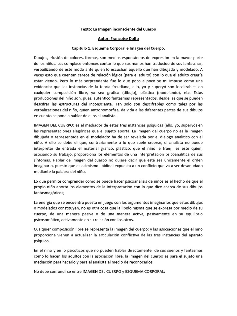 Texto: La Imagen Inconsciente Del Cuerpo Autor: Francoise Dolto Capitulo 1. Esquema Corporal e ...